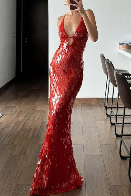 Reshape Beauty Fish Scale Sequin Cutout U-neck Slip Maxi Dress ...
