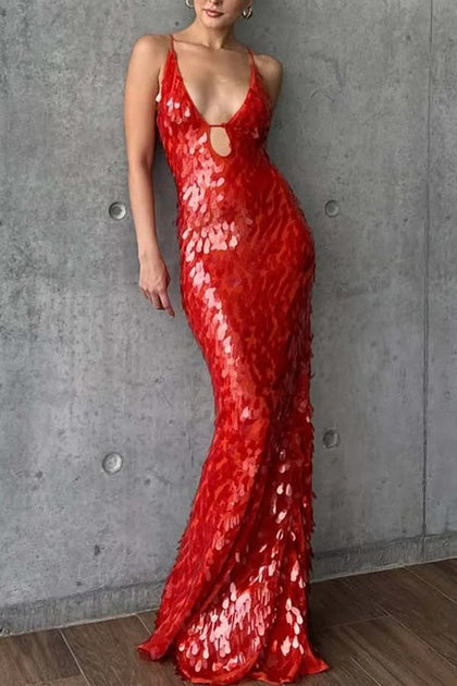 Reshape Beauty Fish Scale Sequin Cutout U-neck Slip Maxi Dress ...