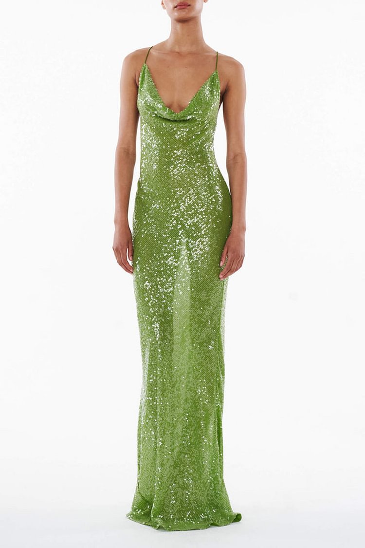 SEQUINS COWL NECK CROSSOVER BACKLESS SLIM FIT GOWNS MAXI DRESSES