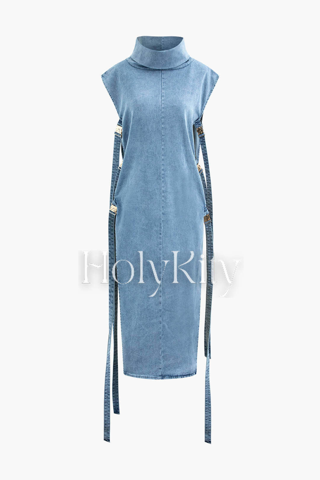 Turtle Neck Cap Sleeve Side Cut Out Denim Dress