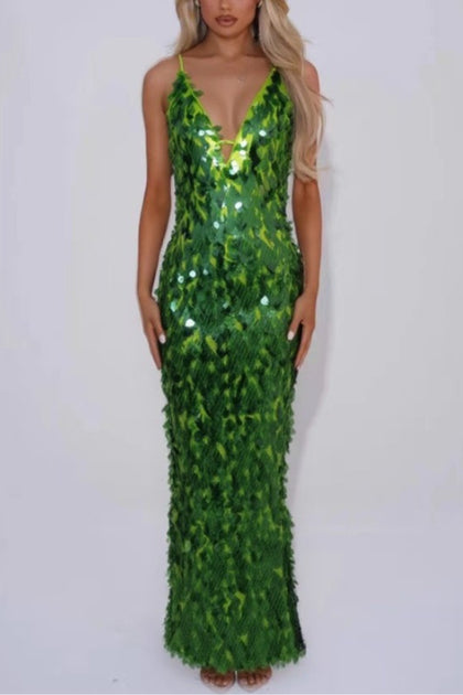 Reshape Beauty Fish Scale Sequin Cutout U-neck Slip Maxi Dress ...