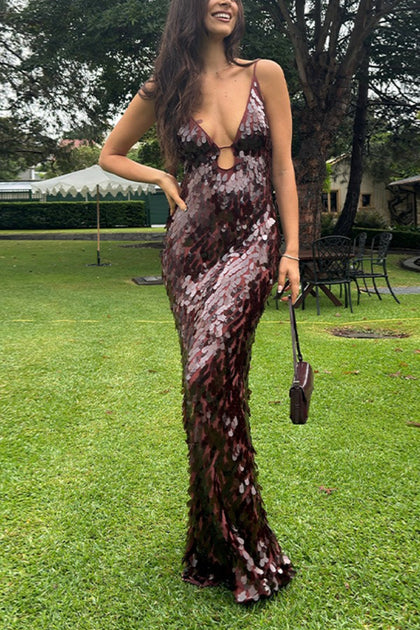 Reshape Beauty Fish Scale Sequin Cutout U-neck Slip Maxi Dress ...