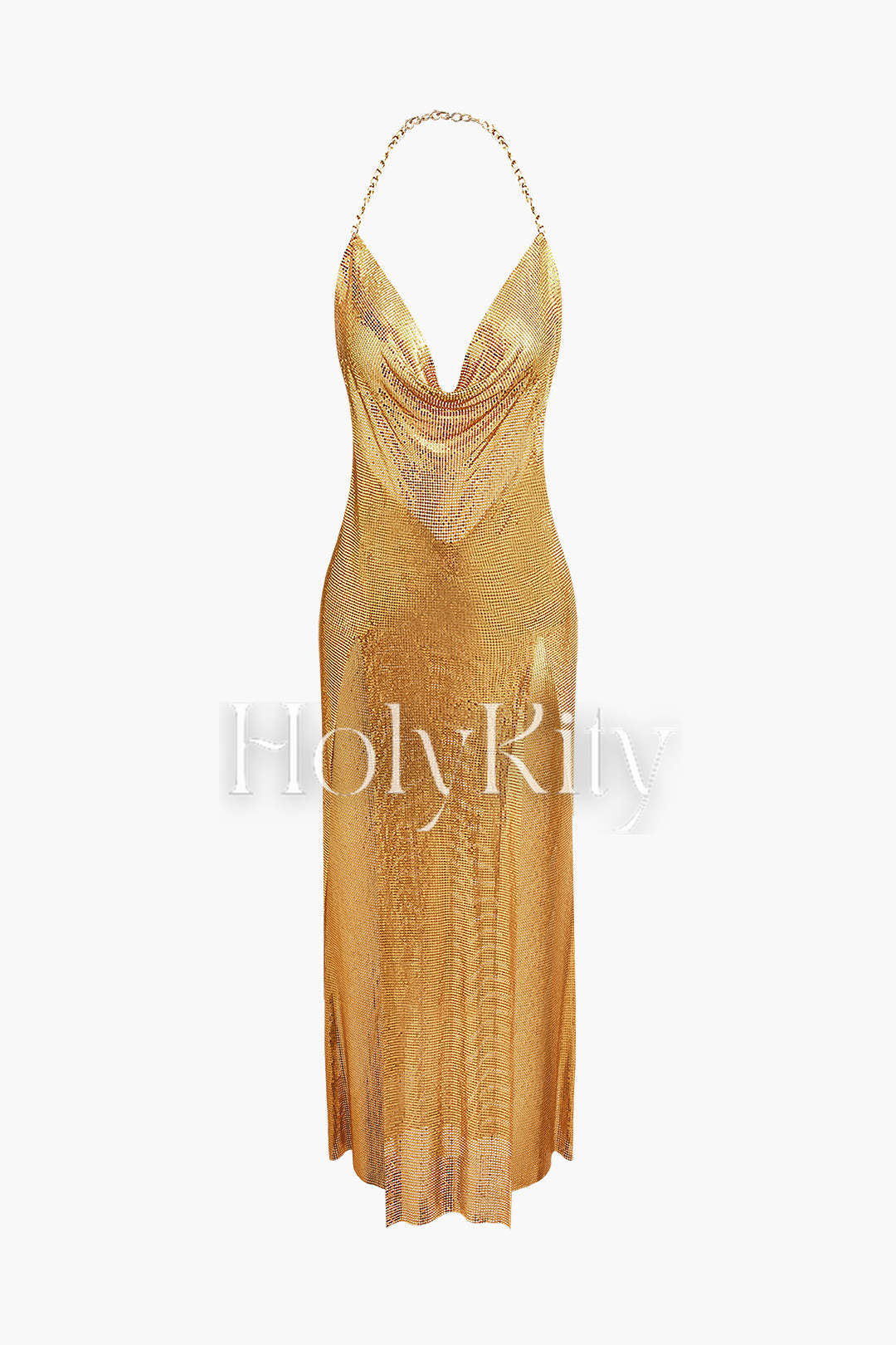 Metallic Chainmail Halter Backless Maxi Dress