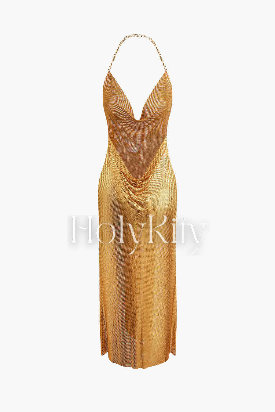 Metallic Chainmail Halter Backless Maxi Dress